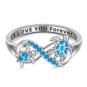 Sea Turtle Ring Blue Opal 925 Turtle Rings for Women Sterling Silver Infinity Cute Ocean Tortoise Jewelry I Love You Forever BFF Mother Day Christmas Gifts Size 6