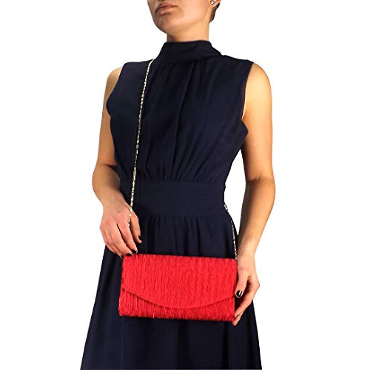 Peach Couture Womens Vintage Satin Pleated Envelope Evening Cocktail Wedding Party Handbag Clutch (Scarlet)