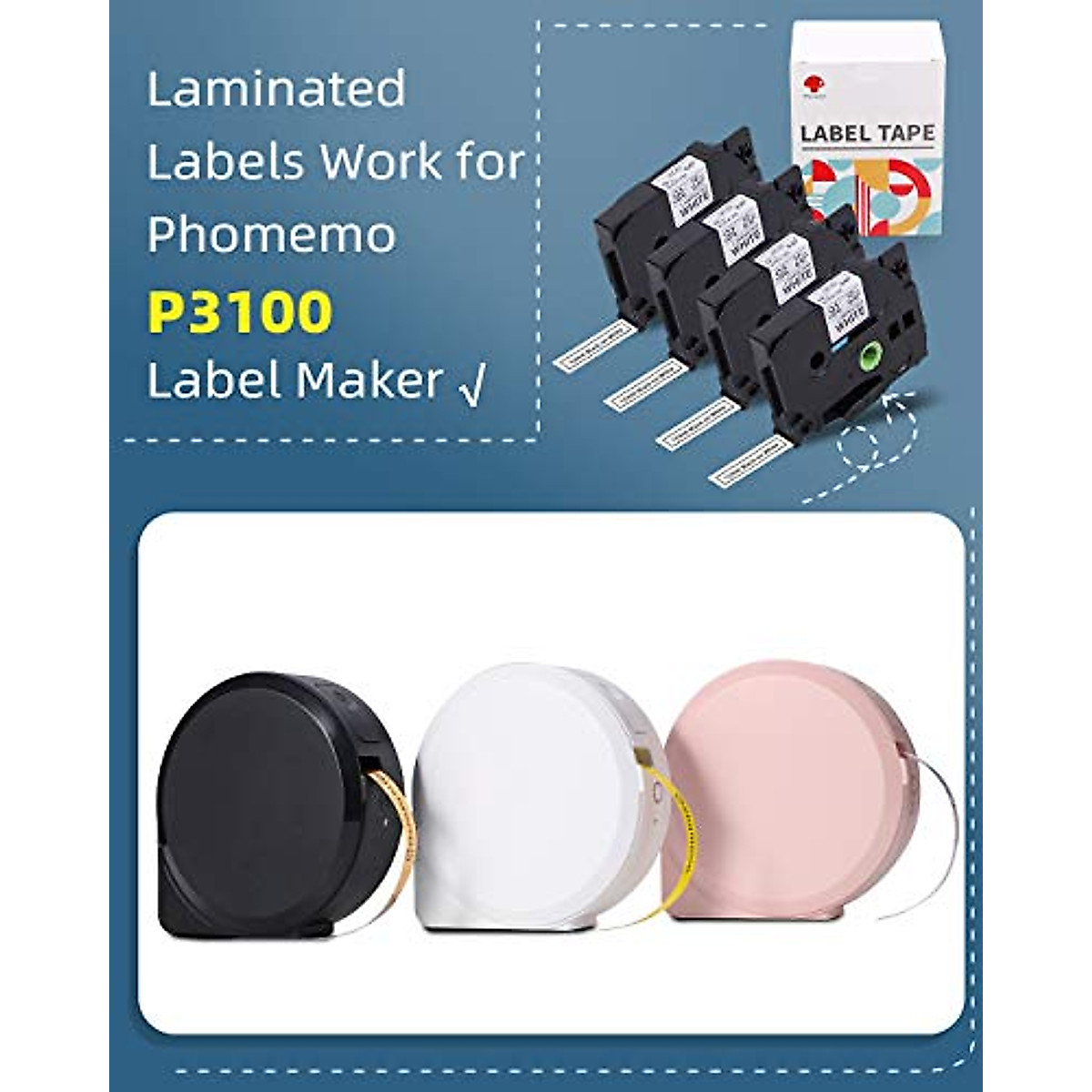 Phomemo P3100 Laminated Label Tape- Phomemo Compatible Label Tape Replacement for Brother Ptouch Label Maker Tape for PT-D210 PT-H100 D600, 4pcs Black on White Label Tape 12mm (1/2 Inch) x 8m