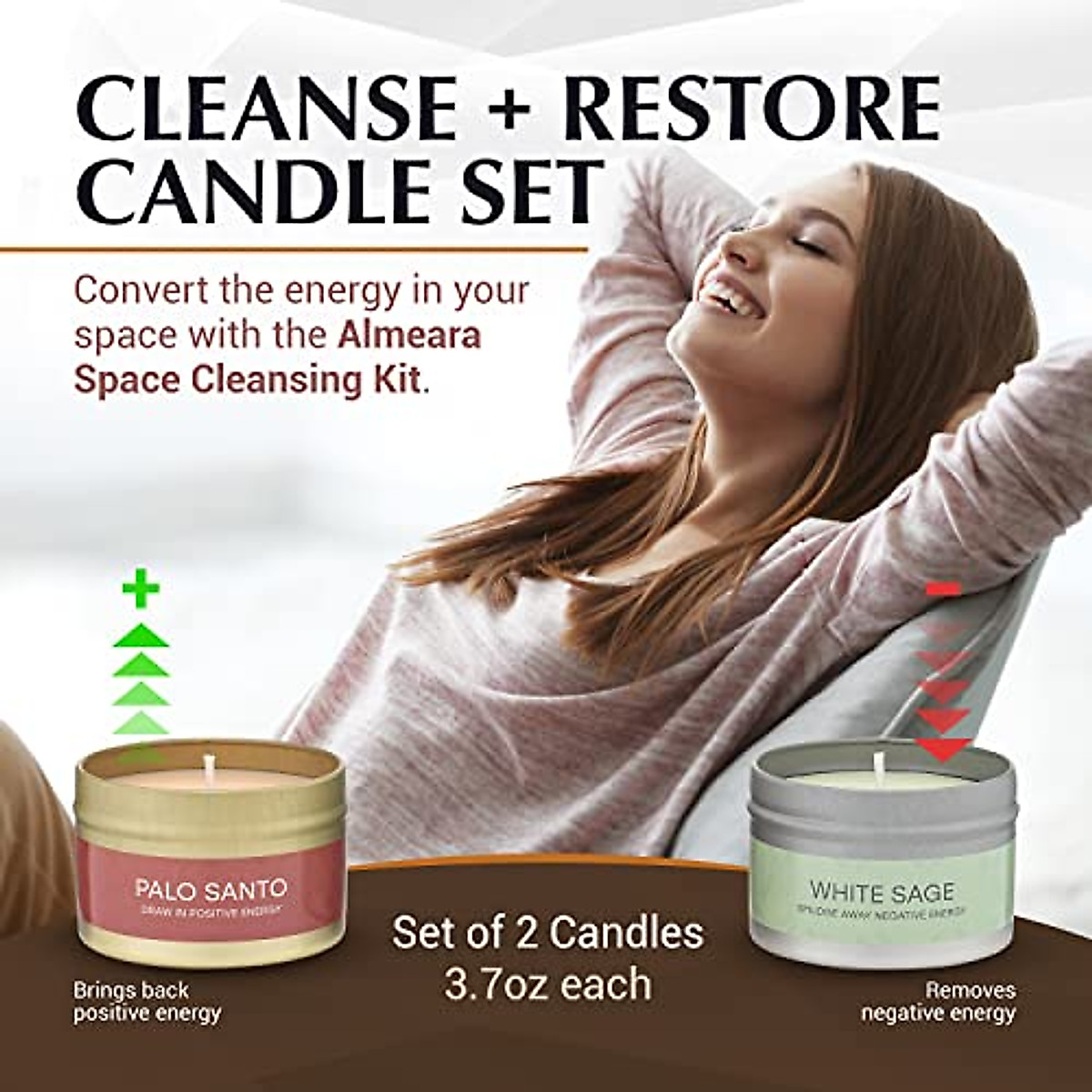 Almeara Space Cleansing Kit Sage Candle and Palo Santo Candle Set 3.7oz Each - 100% Soy Wax Candles with Concentrated Essential Oil - Cleanse Negative Energy - Restore Positive Vibrations