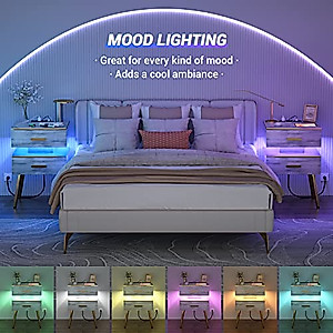 Cyclysio Night Stand with Charging Station, Modern Nightstand Bedside Tables with Led Lights, Bed Side Table Night Stand with Drawers for Bedroom and Sofa Side, 25'' Tall, White Oak Wood Finish