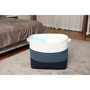 22"x14"x18" Mega Size Rectangular Extra Large Storage Basket, Rectangular Cotton Rope Storage Baskets, Woven Laundry Hamper, Cloth Storage Bin, for Clothes Blanket in Living Room, Dark Blue/Deep Blue