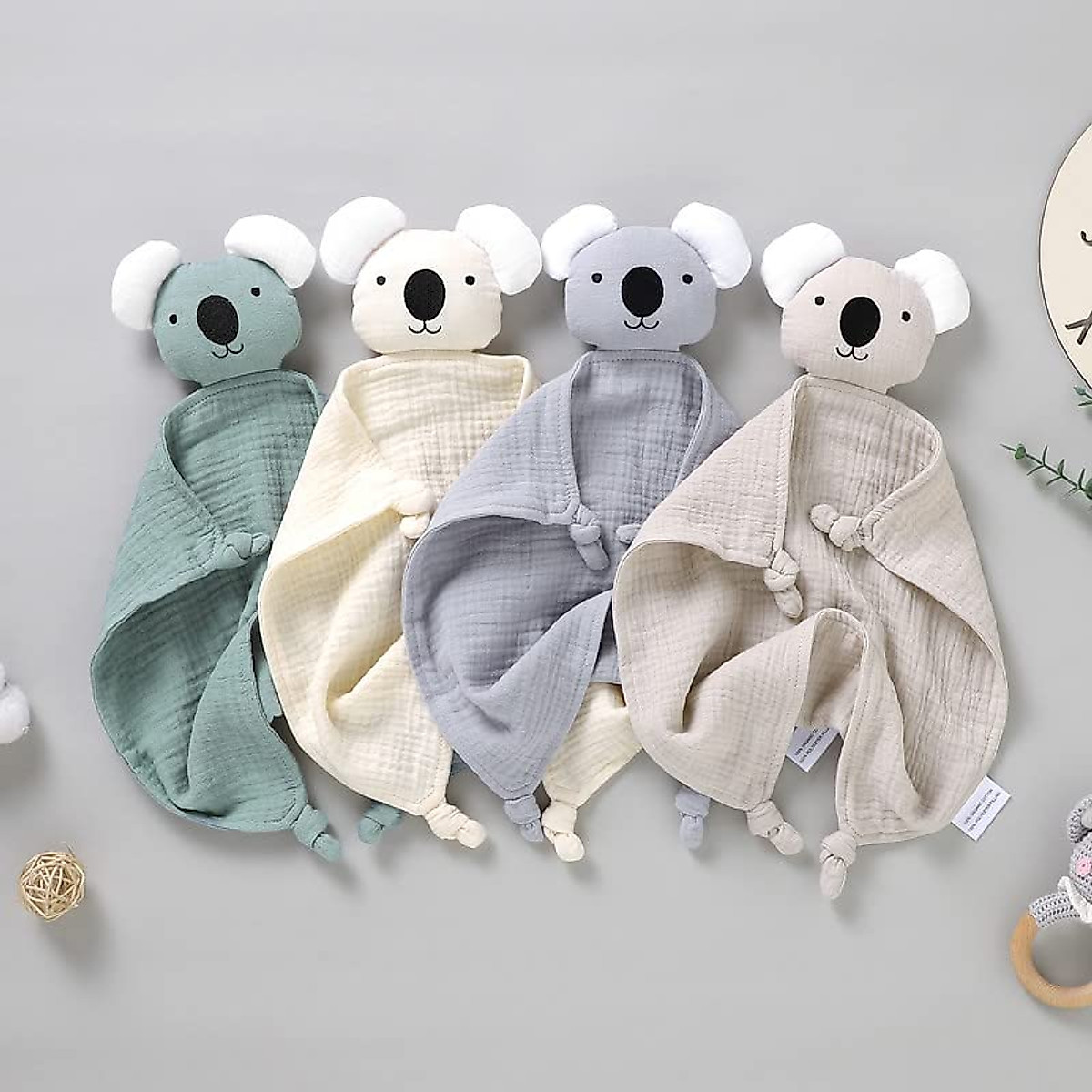LAWKUL Baby Loveys Security Blankets Organic Cotton Muslin Soft Lovie Cuddly Lovies for Infants Unisex Boy Girls Koala Green
