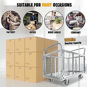 Platform Truck Cart with Cage 4in1 Foldable Platform Truck Heavy Duty Push Cart Dolly W/Swivel Wheels 1800lbs Capacity Flatbed Hand Truck Dolly Cart Multipurpose for Grocery/Laundry/Stall/Storage