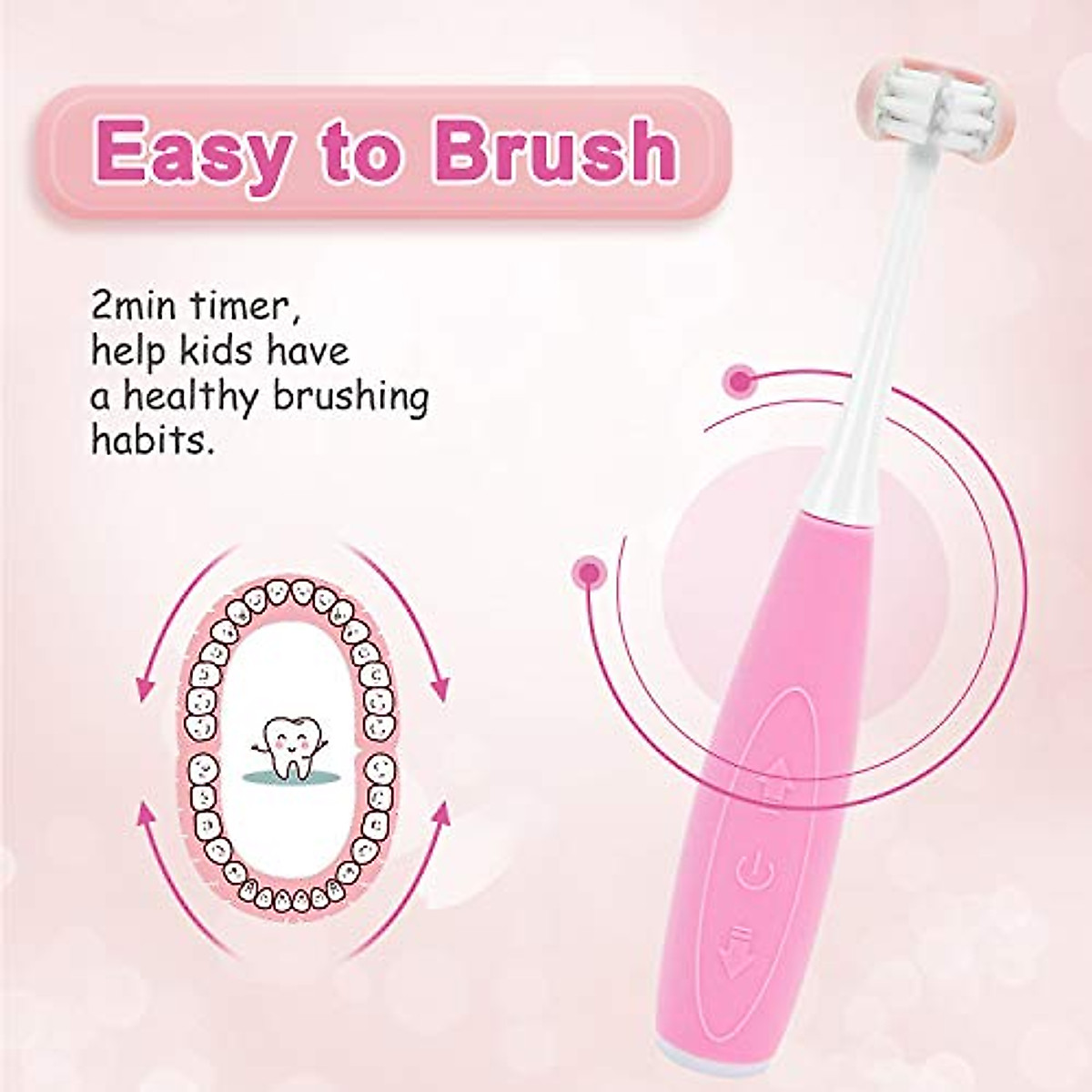 LEYUYO Electric Toothbrush Kids Sonic Cleaning 31000 Strokes Rechargeable Tooth Brush with Timer, 2 Bristles, 3 Modes, Pink
