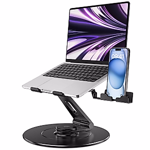 LOXP Ultra-Stable Aluminumy Swivel Laptop Stand for Desk with Rotating Foldable Phone Holder, 300% Large Base Stability, Anti-Loosening,Suitable for 10"-17.3" Laptops, Black