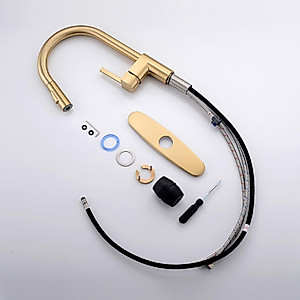 FROPO Gold Kitchen Faucet with Pull Down Sprayer - Modern Single Handle Pull Down Kitchen Sink Faucet with Deck Plate | Commercial Kitchen Faucet for 1 & 3 Hole Stainless Steel Brushed Gold