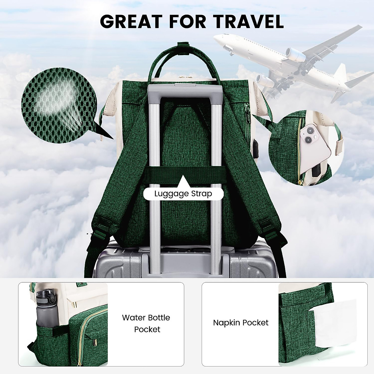 LOVEVOOK Laptop Backpack Purse for Women, Fashion Work Travel Bags, Business Computer Backpacks, Doctor Nurse Backpack with USB Port, fits 15.6-Inch Laptop, Beige-Dark Green