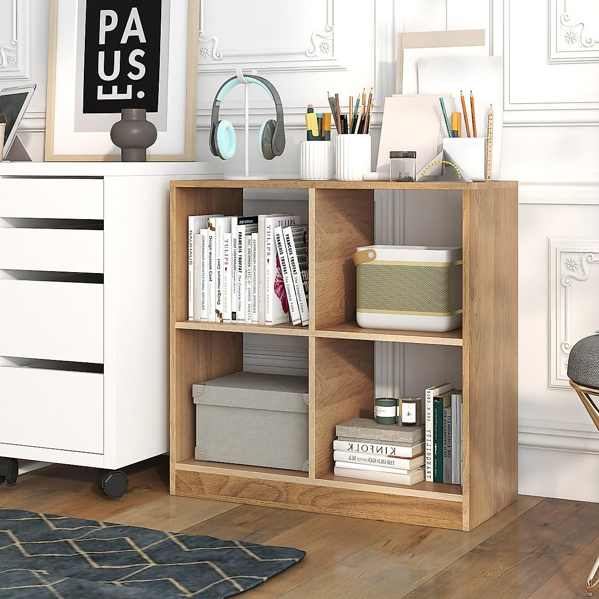 Tangkula 4-Cube Bookcase, Freestanding Open Bookshelf, 2 Anti-Tipping Kits, Home Office Modern Cube Storage Wooden Display Shelf for Living Room Kids Room, Easy Assembly (Natural, 29 x 13 x 29 Inch)