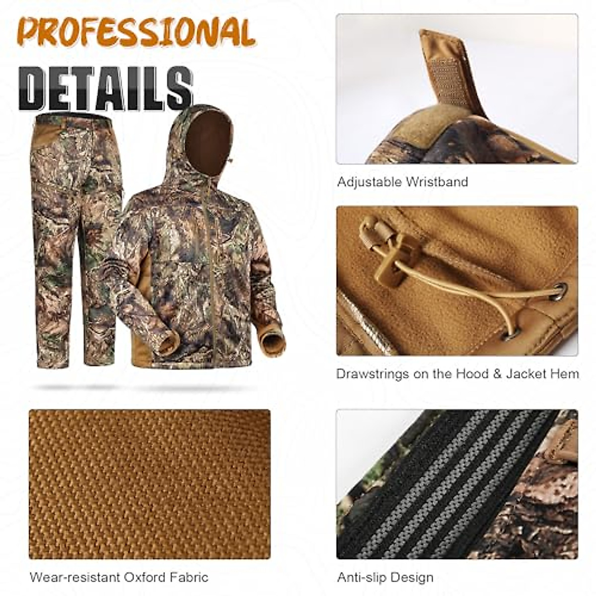 HUNT MONSTER Silent Hunting Clothes for Men, Safety Strap Compatible Hunting Jacket and Pants with Fleece Lining, Quiet, Winter Warm, Water Resistant and Insulated(XL)