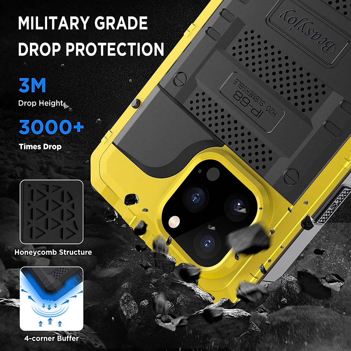 Beasyjoy for iPhone 14 Pro Max Waterproof Case, Metal Heavy Duty Case with Built-in Screen Protector, Full Body Protective Military Grade Shockproof Dustproof Defender Rugged Case 6.7 Inch, Yellow
