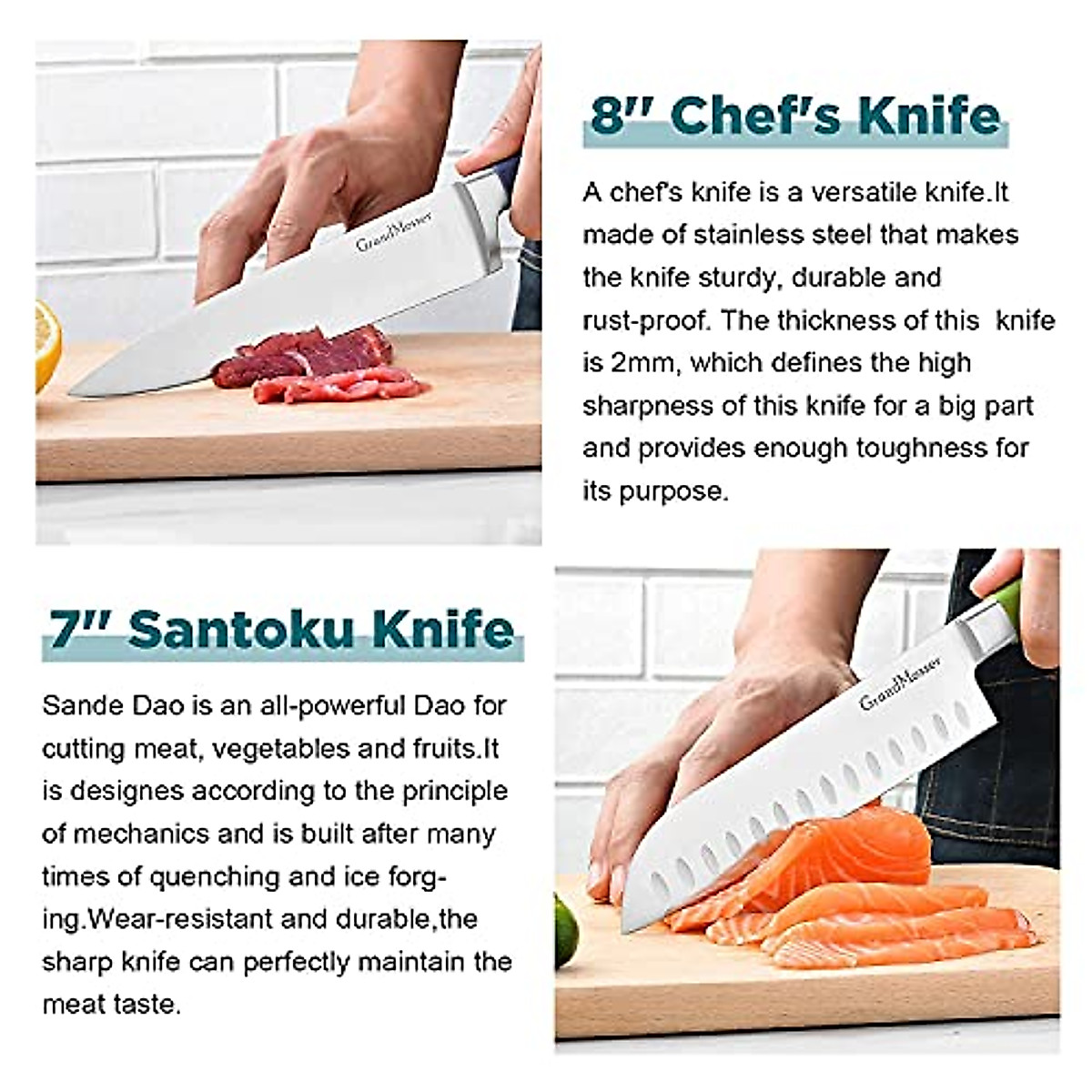 GrandMesser Kitchen Knives, 2 Piece Ultra Sharp 8 inch Chef Knife and 7 inch Santoku Knife, German Carbon Stainless Steel Forging Cooking knife Set, with Ergonomic Handle and Gift Box