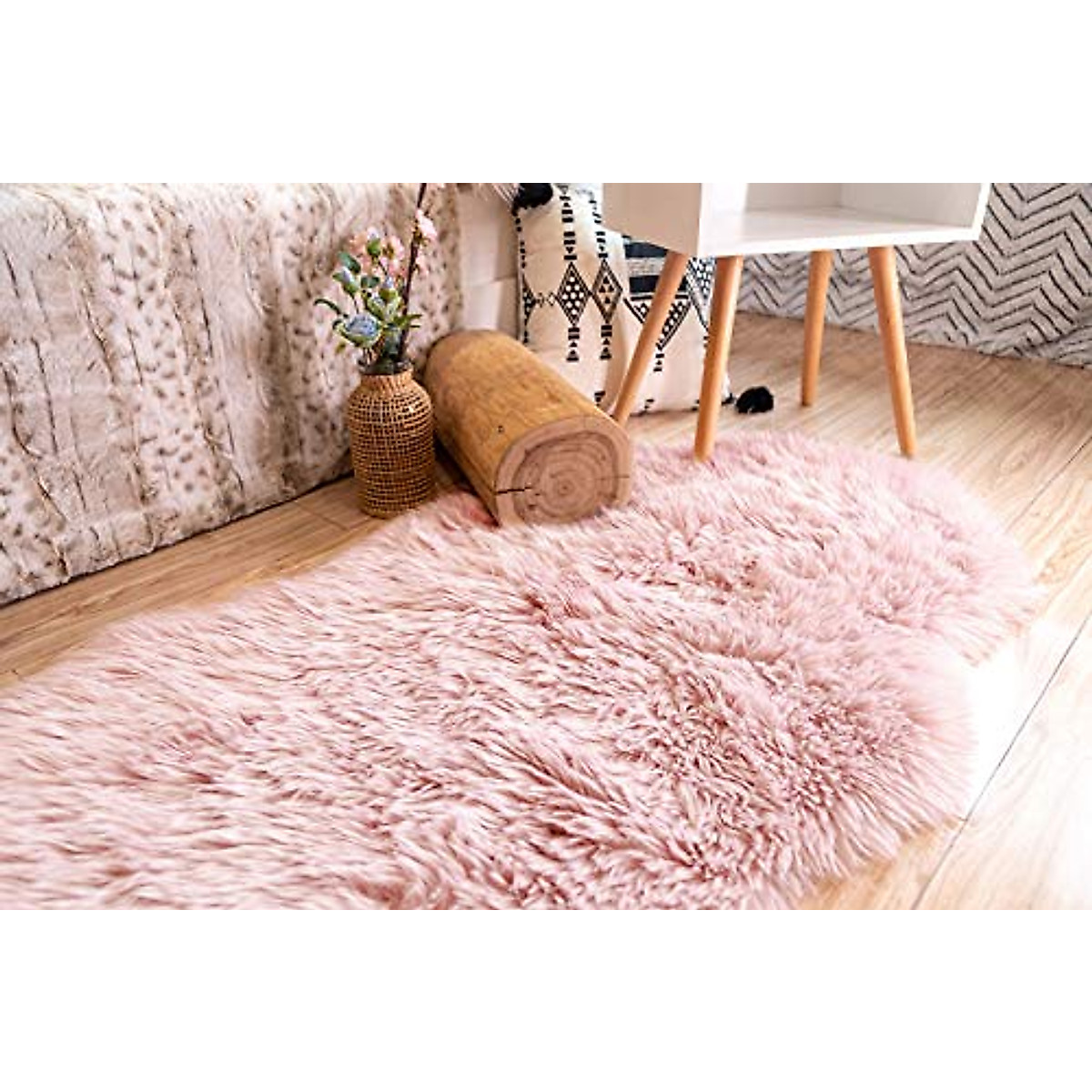 STAOLENE Ultra Soft Faux Fur Sheepskin Pink Bedside Rug Area Rug Indoor Fluffy Shag Washable Rug for Bedroom Floor Sofa Living Room