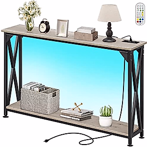 DANSION 2 Tiers Console Sofa Table with Power Outlet, Industrial Entryway Table with Open Storage Shelf, Accent Side Table with LED Strip Lights for Hallway Living Room, X-Shaped Metal Frame Support