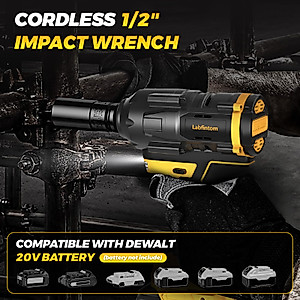 Labfintom Cordless Impact Wrench for De-Walt 20V Battery, 1/2" High Torque Impact Gun, 900Ft-lbs(1200N.m) Brushless Power Impact Driver with 4-Mode Speed, LED Work Light (Battery NOT included)