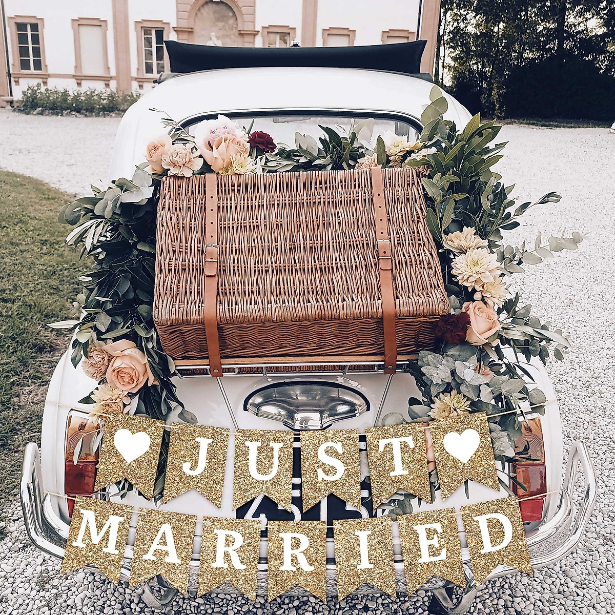 Pre-Strung Just Married Banner - NO DIY - Gold Glitter Wedding Party Banner - Pre-Strung Garland on 6 ft Strands - Gold Wedding Reception Party or Car Decorations & Decor. Did we Mention no DIY?