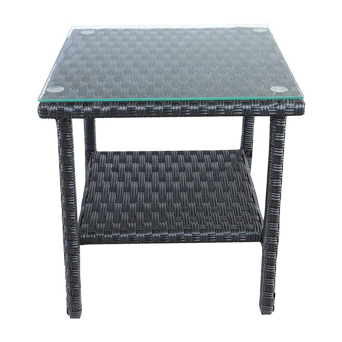 Rattaner Outdoor PE Wicker Rattan Side Table - Patio Rattan Garden Coffee End Square Table with Glass Top-2-layer Table Furniture, Black