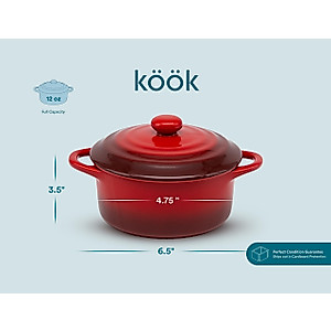 Kook Ceramic Mini Cocotte Set, Small Casserole Dishes with Lids and Handles, Individual Baking Ramekins, Oven, Microwave & Dishwasher Safe, Stoneware, 12 oz, Set of 4