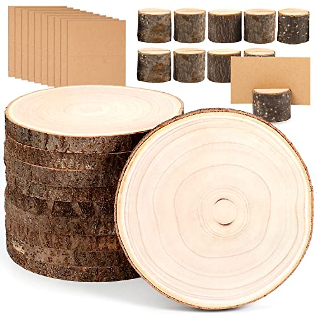 Caydo 10 Piece 9-10 Inch Large Paulownia Wood Slices with 10 Piece Wood Table Number Card Holders and 10 Pieces Cards for Wedding Table Centerpiece Decoration and Home Decoration