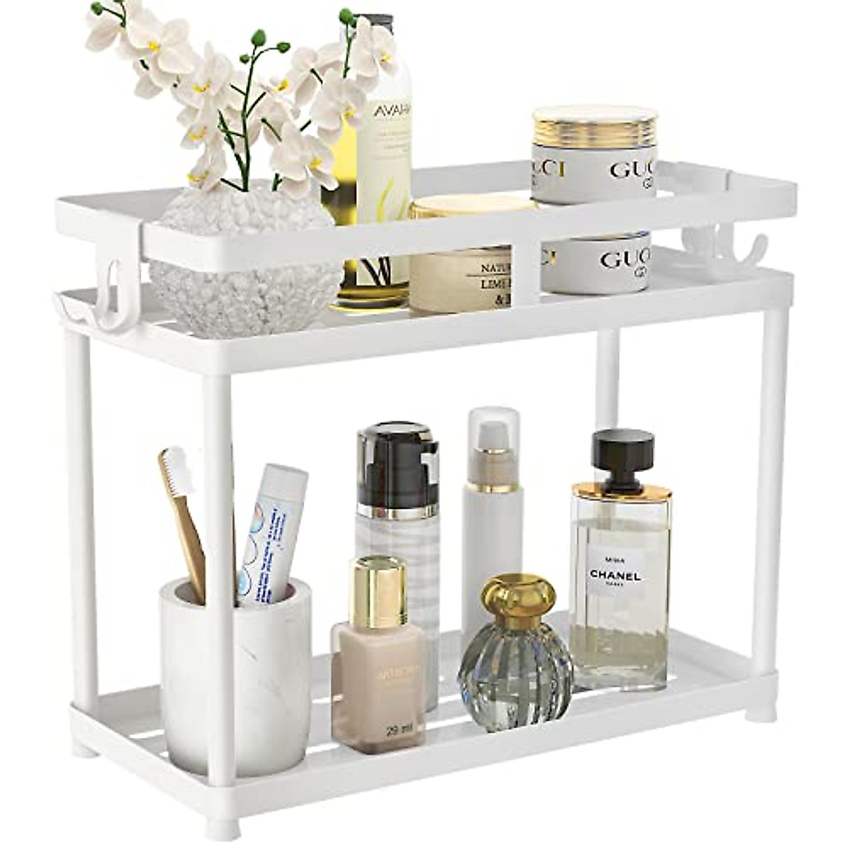 FLE Under Sink Organizer, 2 Tier Metal Under Bathroom Sink Storage Baskets with Hooks, Self Adhesive White Under Sink Shelf Organizer for Bathroom Kitchen