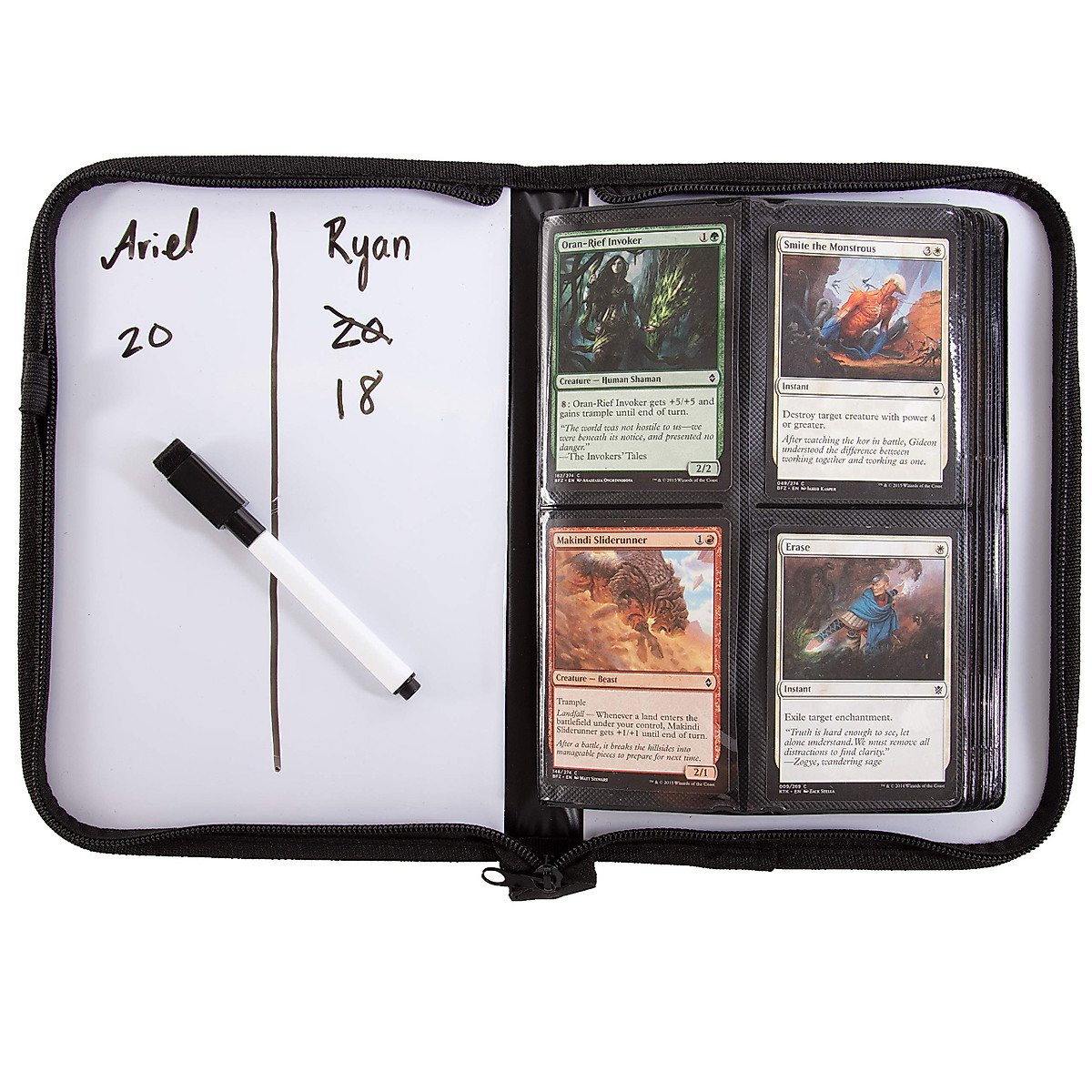 Monster Deluxe 4 Pocket Trading Card Leather Album - Zipper Closure, Built-in Dry Erase Boards and Marker, Side Loading Padded Double Sided Pockets, Holds 160 Cards, For Sport, Gaming, Kpop, Xmas Gift
