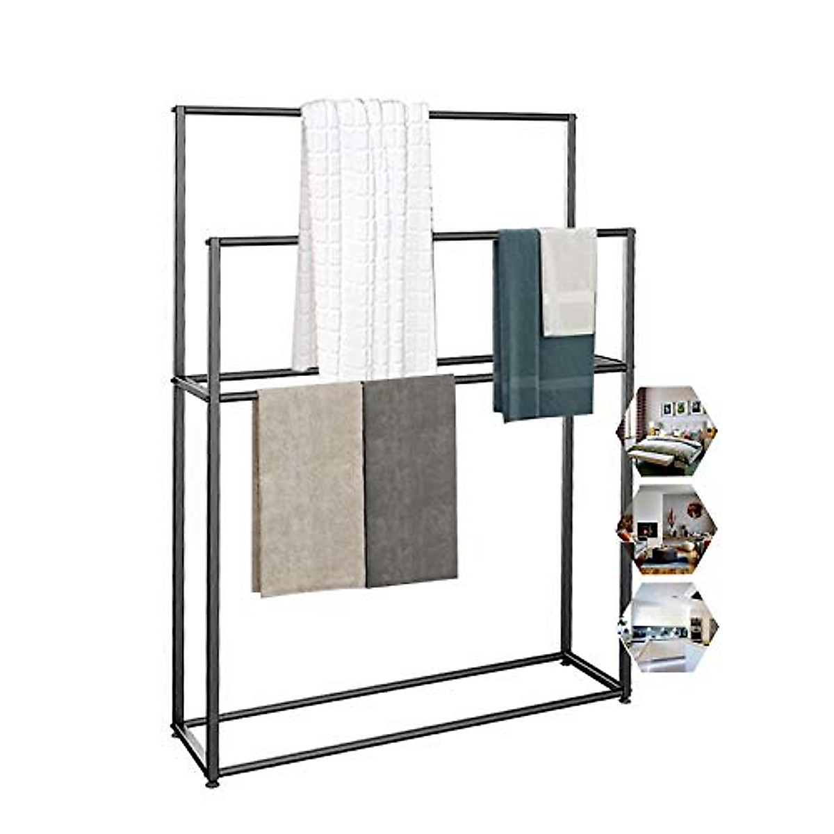 -Shelf Balcony Bathroom Freestanding Towel Holder,Metal Towel Rack Stand Alone,Bath Towel Stand for Bathroom Floor,Pool,Kitchen,Washroom/Black/85 * 20 * 110Cm