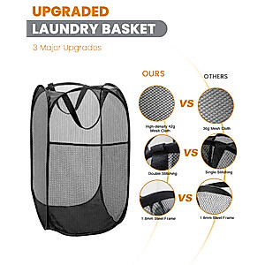 2 Pack Upgraded Heavy Duty Large Mesh Collapsible Laundry Basket with Pocket and Carry Handles, Foldable Dirty Clothes Pop up Laundry Hamper for Dorm Bathroom Bedroom Travel Camping