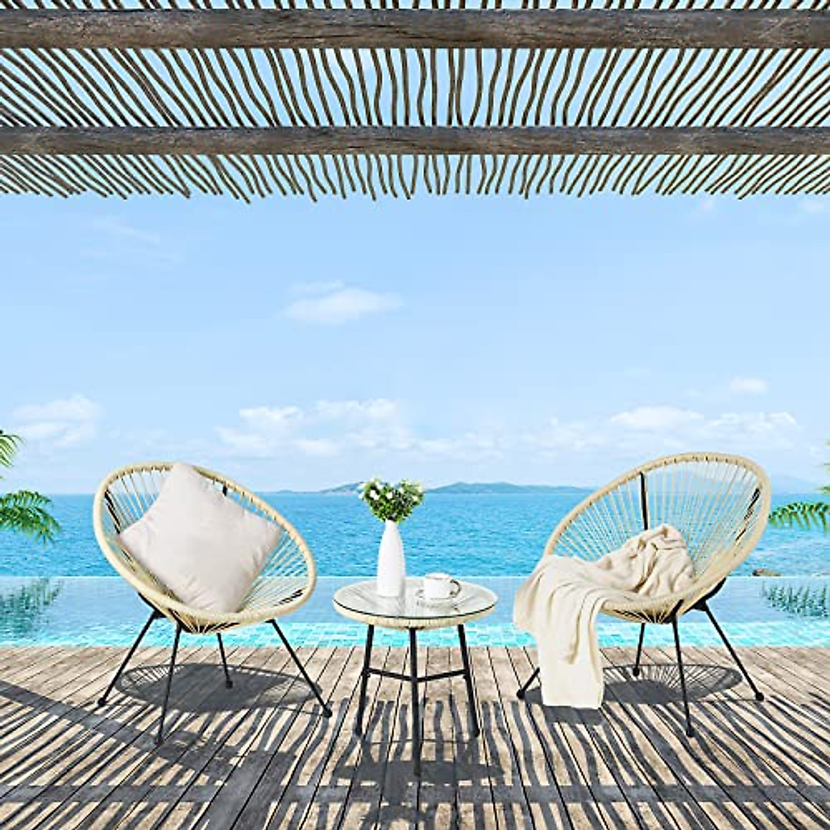LIFERUN Acapulco Chair,Balcony Furniture,Balcony Set,Outdoor Bistro Set,Glass Tabletop, Rattan Woven Rope,3 Piece Patio Set-Beige