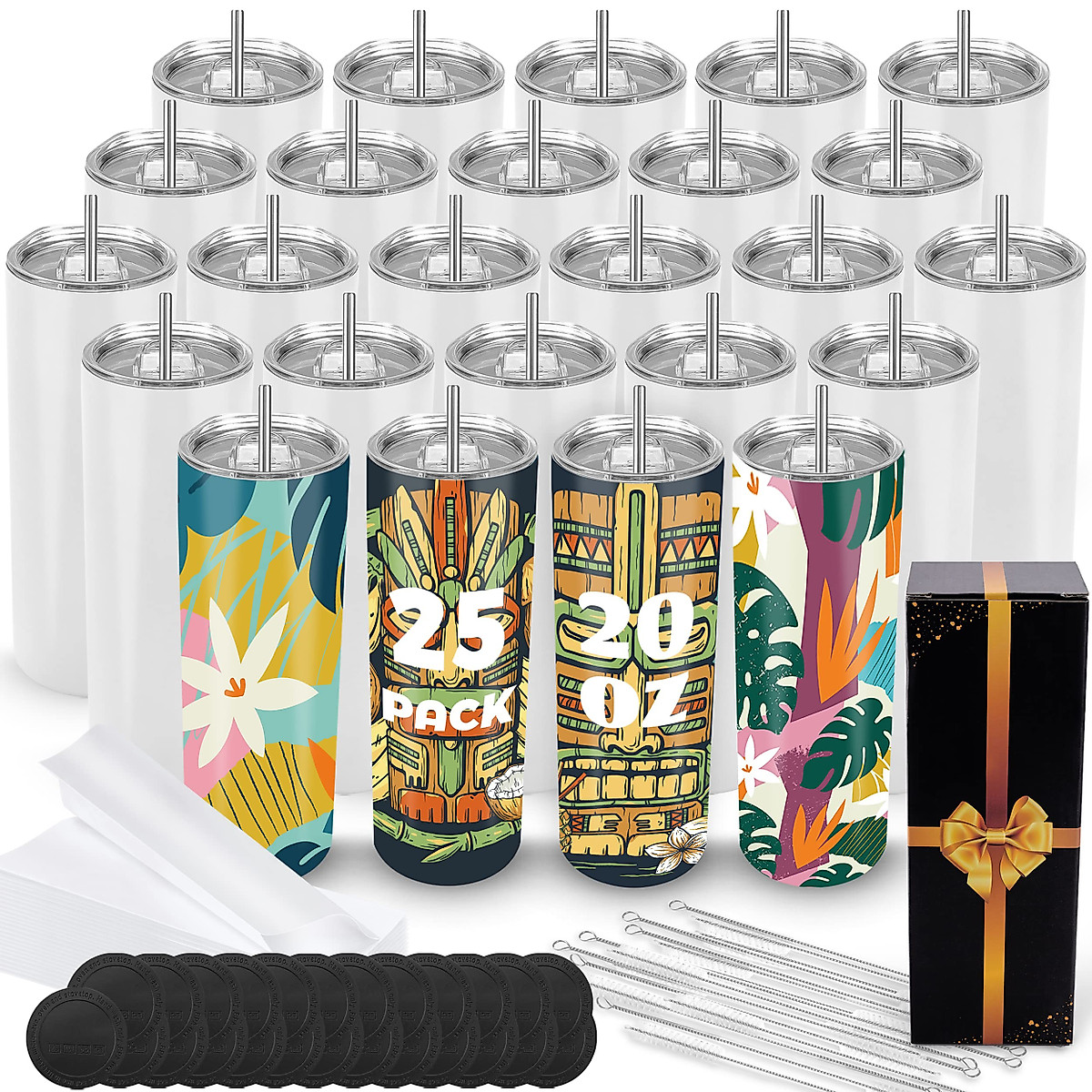 Joyclub 25 Pack 20 oz Sublimation Tumblers Bulk Sublimation Blanks for Heat Transfer Double Wall Insulated Straight SkinnyTumbler with Individually Gift Box and Shrink Wrap Film