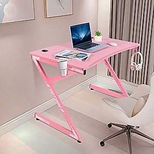 YIGOBUY Pink Gaming Computer Desk 43 Inch Barbie Gaming Table Z Shape Black Racing Table Student Desk with& Headphone Hook for Kids Adults Home Office Bedroom Computer Workstation