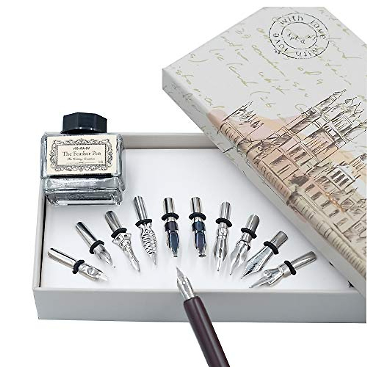 hhhouu Calligraphy Set for Beginners Quill Pen and Ink Set Fancy Pens with Black Ink and 11 Nibs for Lettering,Drawing, Journaling, Signing, Invitation HO-Q-301