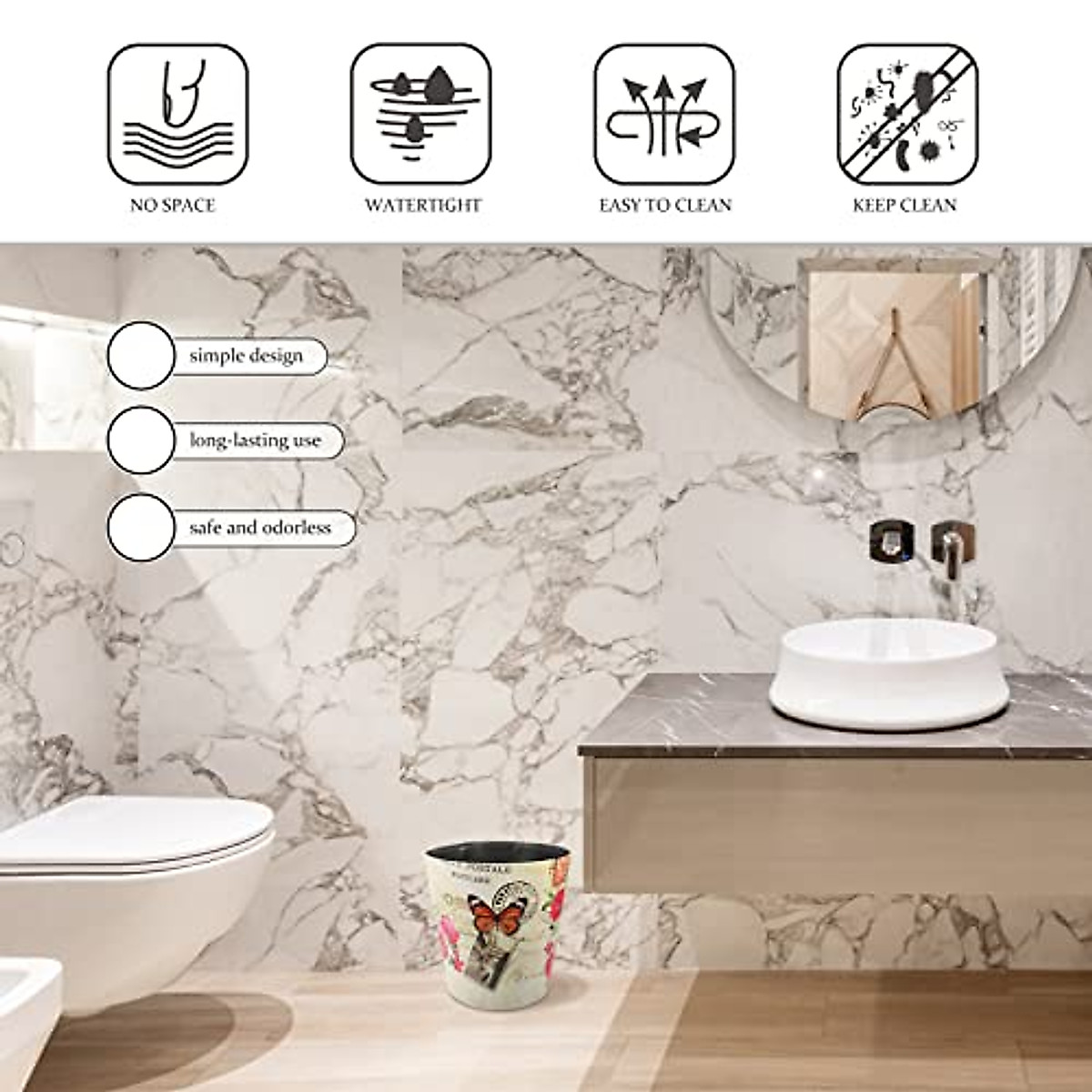 Zerodeko Small Waste Basket Leather Trash Can Wastebasket Waste Paper Bin Vintage Butterfly Flower Pattern Waste Bucket Garbage Can for Home Office Studio Bathroom Bedroom 10L Waste Paper Basket