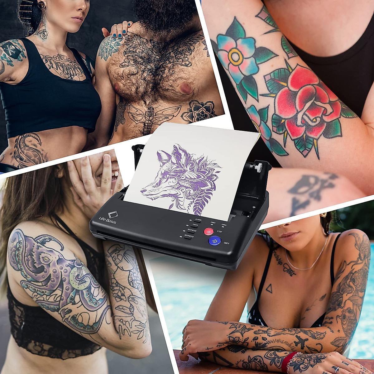 LifeBasis Tattoo Transfer Stencil Printer Tattoo Thermal Copier Thermal Tattooing Printer Machine with 30PCS Stencil Transfer Paper for Tattoo Artists & Beginners, Black