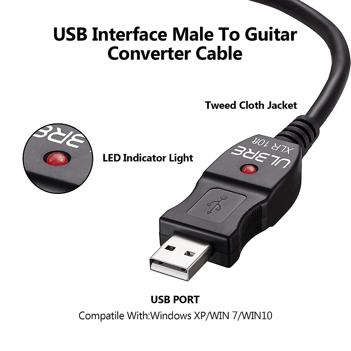 ULBRE USB Microphone Cable 10Ft, XLR To USB Cable Mic Link Converter Cable Studio Audio Cable Connector Cords Adapter for Microphones or Recording Instrument Karaoke