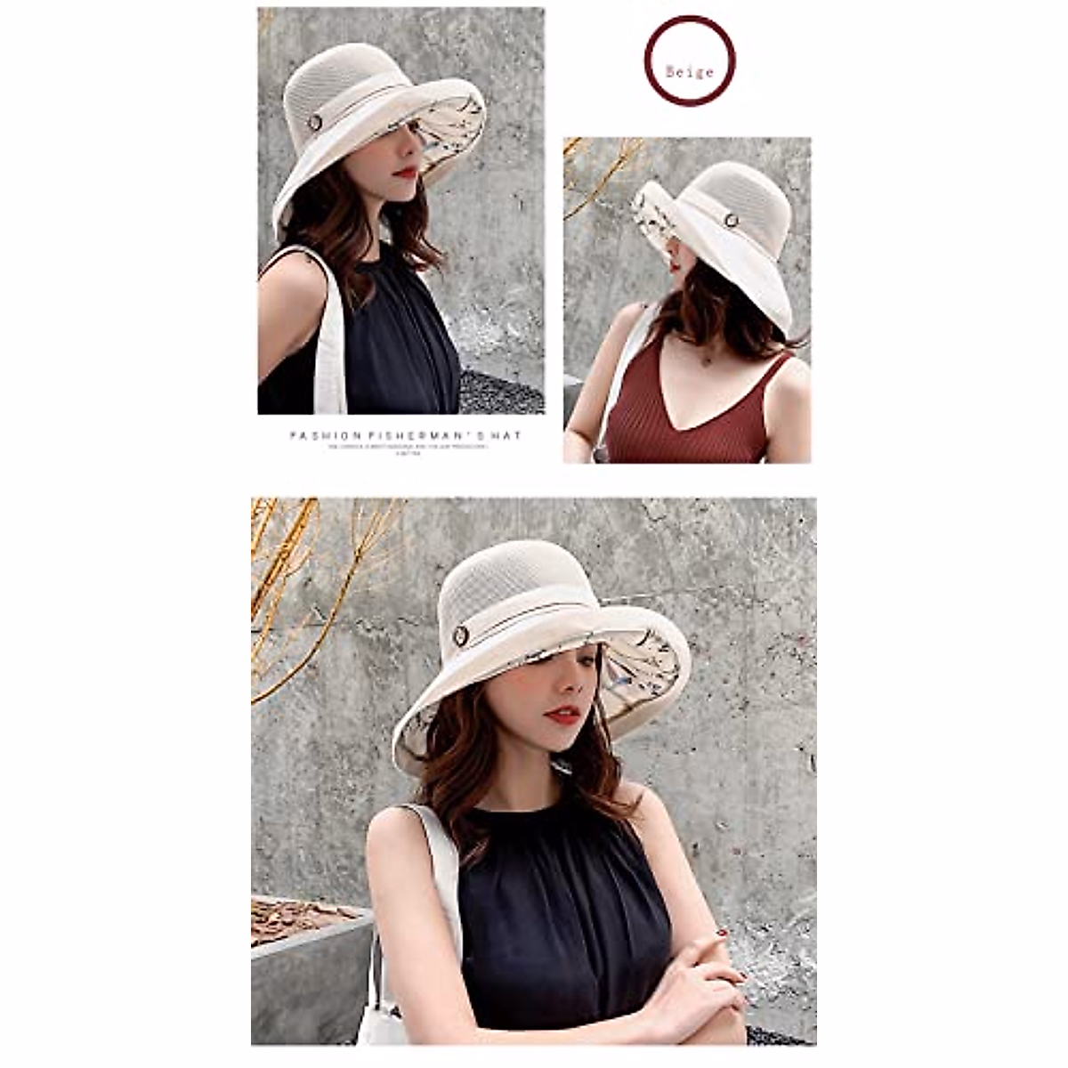 Summer Mesh Sun Hats for Women UV Protection Wide Brim Packable Beach Bucket Hat Beige