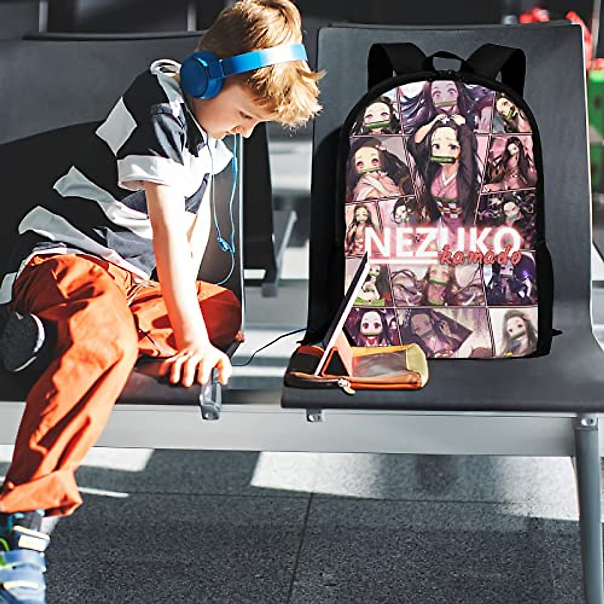 17" Nezuko Backpack Anime Multifunction Bookbag with Side Pockets Durable Laptop Bag for Teen Boys Girls