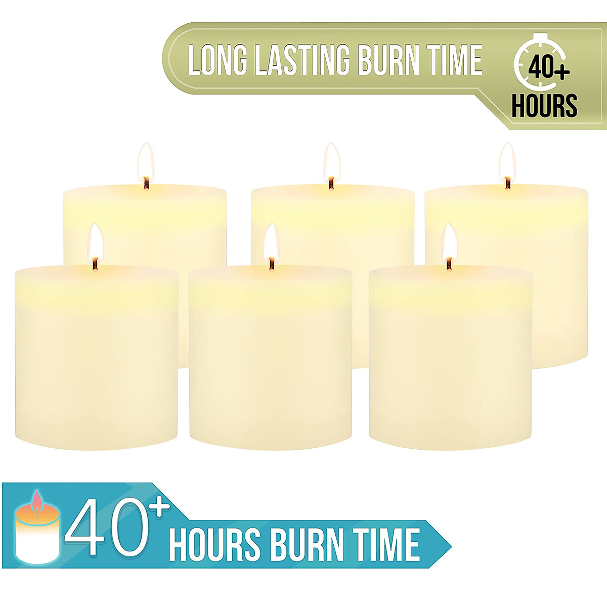 Stonebriar Tall 3 x 3 Inch 40 Hour Long Burning Unscented Wax Flat Top Pillar Candles, Ivory, 6 Pack