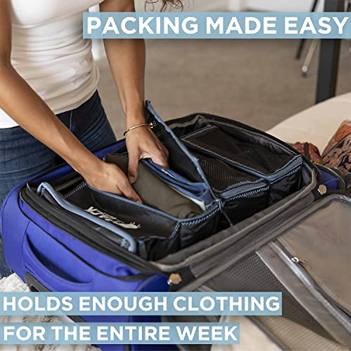 Pack Gear Suitcase Organizer | Pack More in your Large or Carry On Luggage | Unpack Instantly with these Compression Packing Cubes for Suitcases | Hanging Shelf Organizer for Closet (Black) (Carry-On)