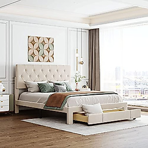 YuiHome Queen Bed Frame with Storage Drawer, Velvet Upholstered Storage Bed with Button Tufted Headboard, Wingback Platform Bed Queen Size,No Box Spring Required,Beige