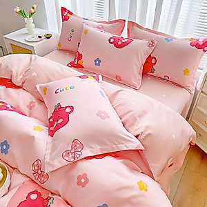 Sleepwish 3 Pieces Strawberry Bear Print Duvet Cover Set 79"x91" Pink Flowers Bedding Set for Kids Teens Girls Bed Cover with 2 Pillowcases