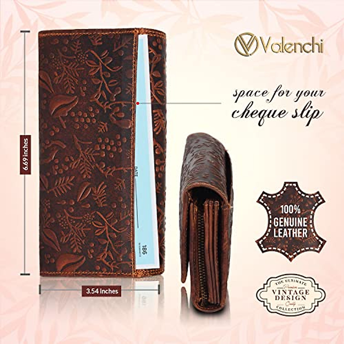 LEVOGUE RFID Flower embossed Leather Wallet for Women-Multi Credit Card Slots,Mobile case Coin Purse with ID Window-by VALENCHI (Cognac Vintage)