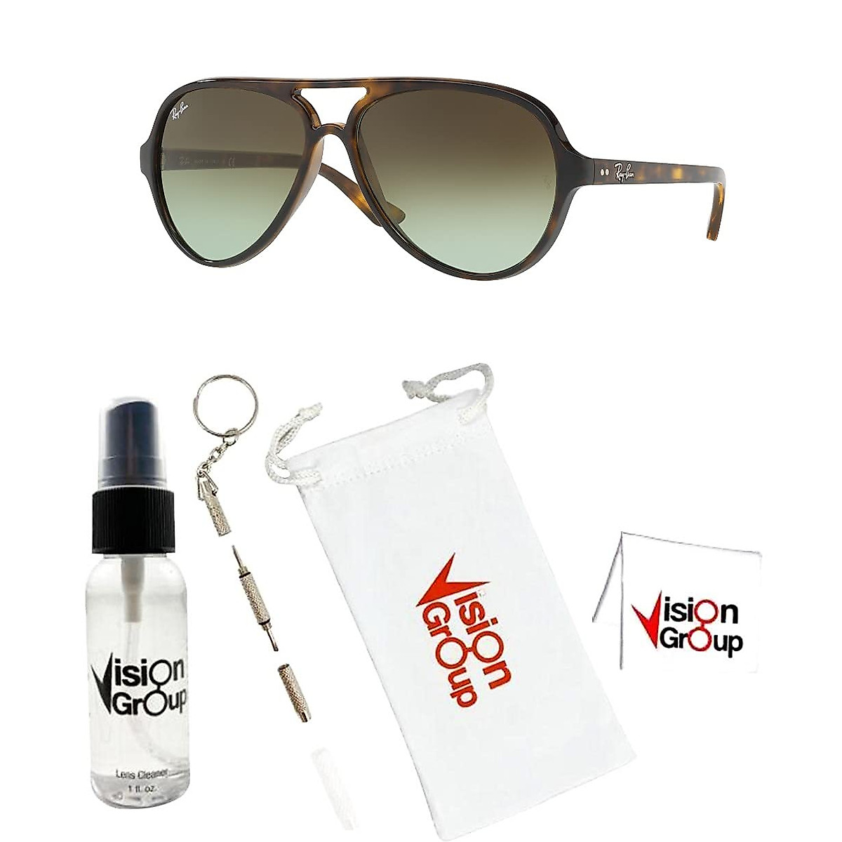 Ray-Ban RB4125 Cats 5000 Sunglasses + Vision Group Accessories Bundle (Light Havana/Green Gradient Brown (710/A6))