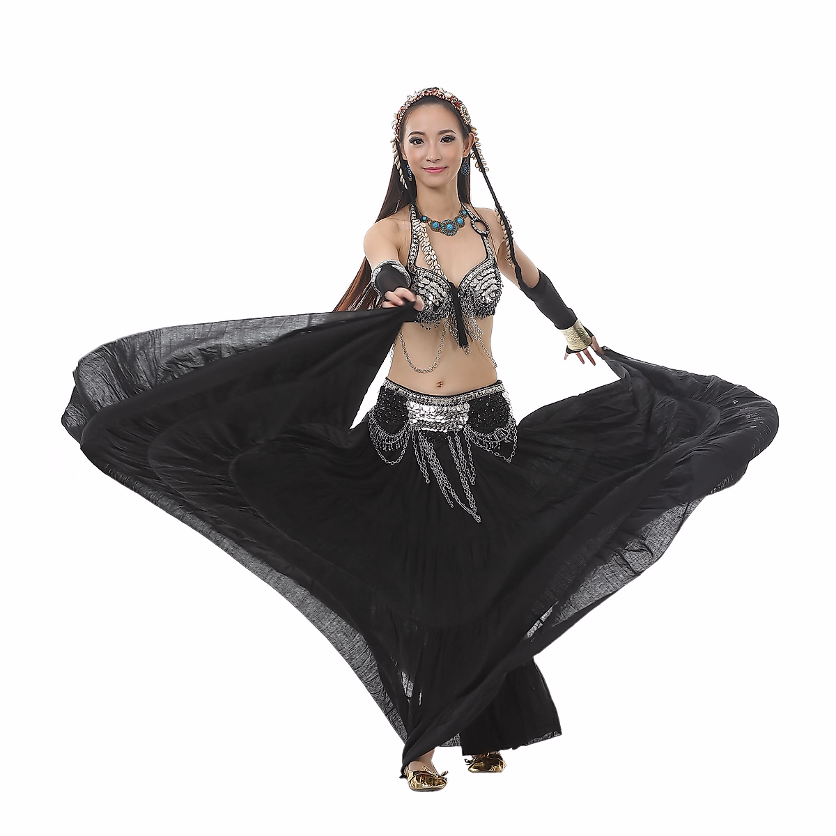 Astage Woman Belly Dance Full Circle Maxi Trible Skirts Linen Bohe Dress Black