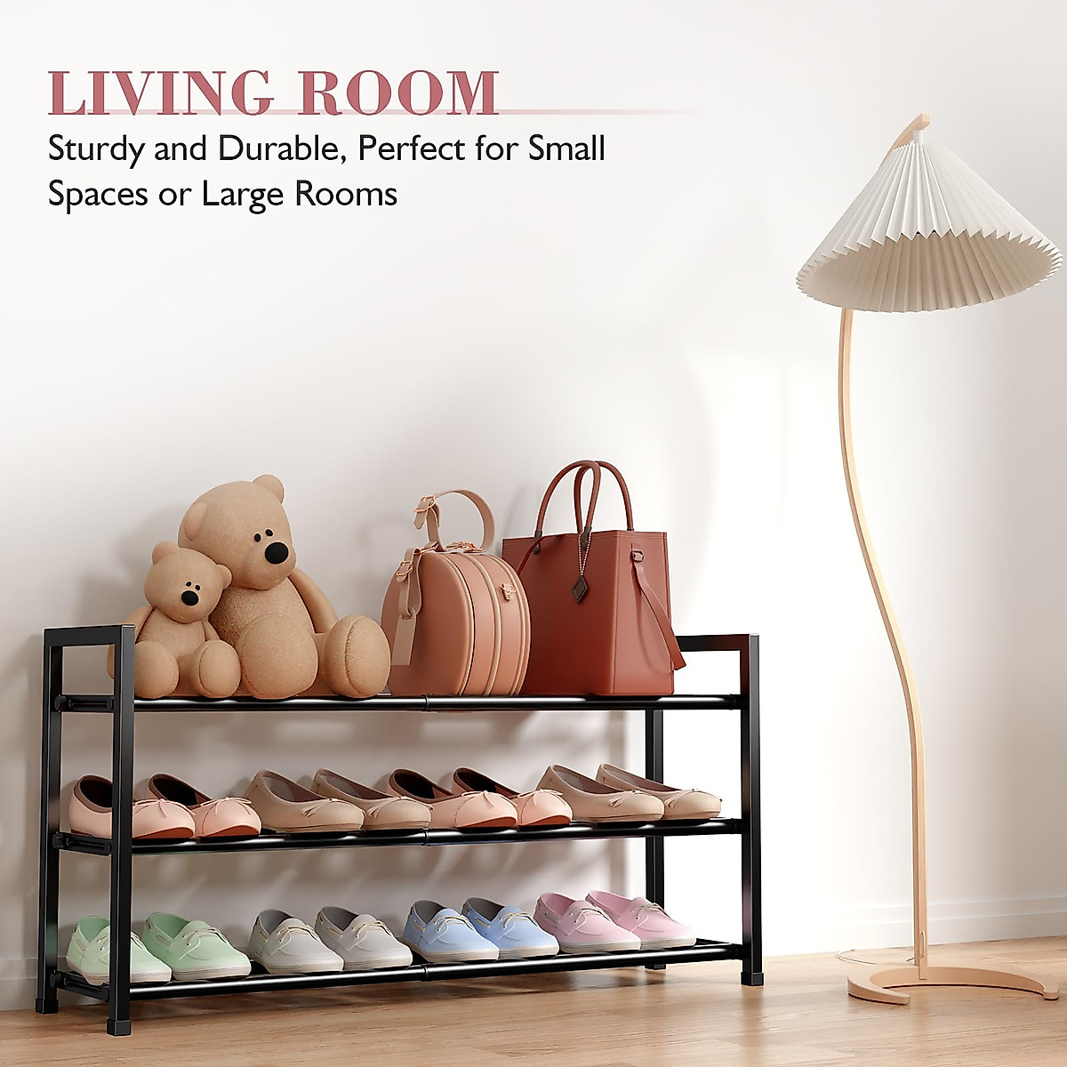 Bumusty 3-Tier Expandable Shoe Rack for Closet, 18“-33” Adjustable Shoe Rack for Small Space, Small Shoe Organizer for Front Door, Sturdy Metal, Black