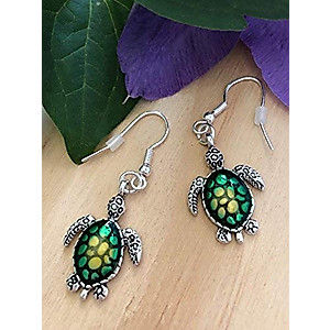 PammyJ Turtle Earrings - Silvertone Green Sea Turtle Dangle Earrings