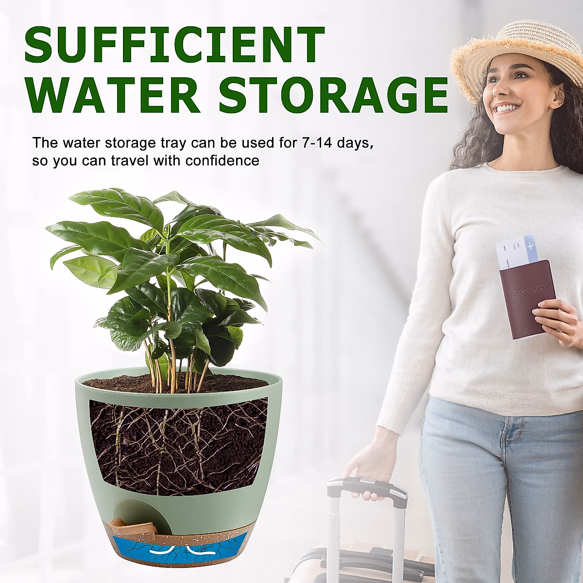 QRRICA Plant Pots 10/9/8/7.5/7 Inch Self Watering Pots, Set of 5 Plastic Planters with Drainage Holes and Saucers,Plastic Flower Pots,Nursery Planting Pot for Indoor Out Door Plants（Green）