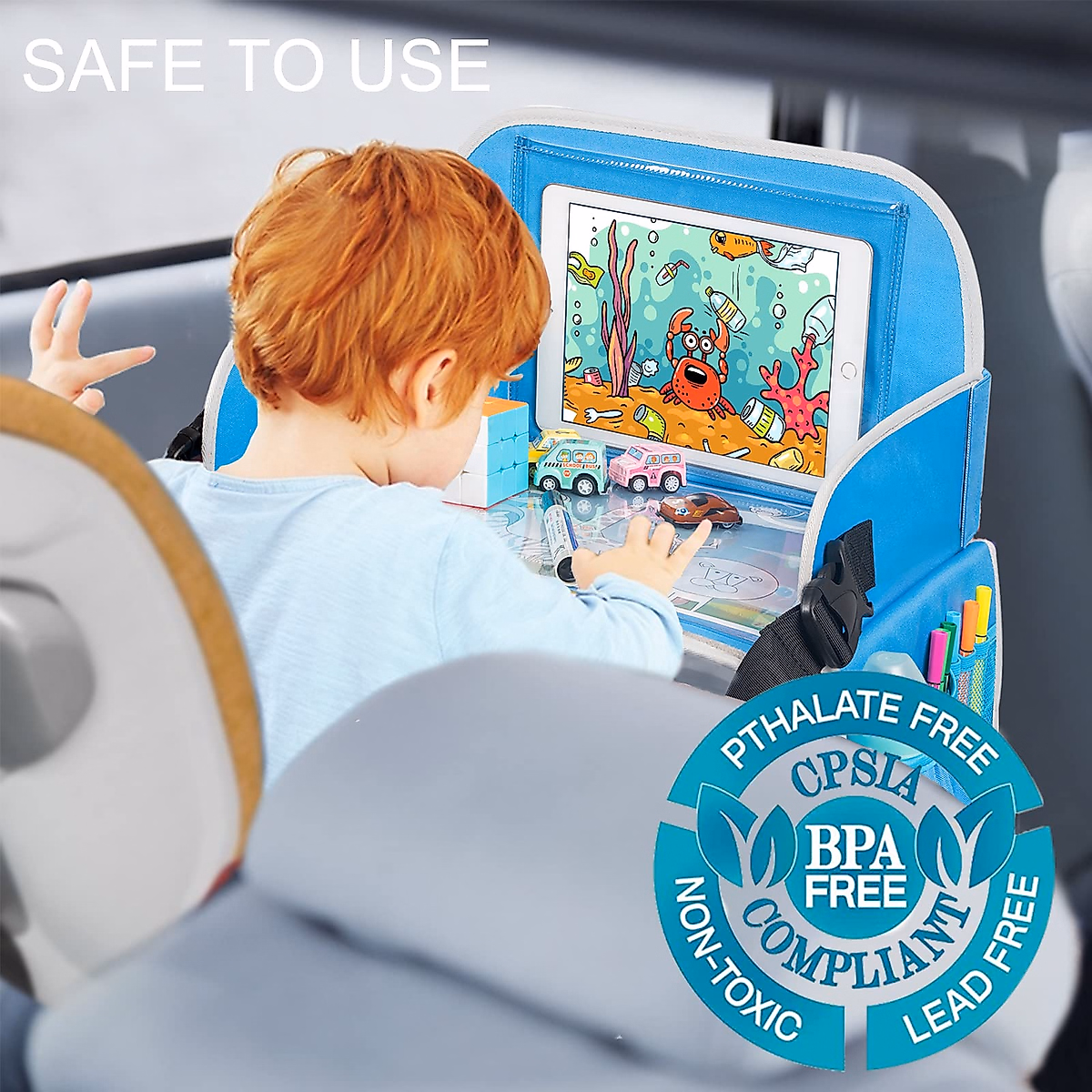 MENZOKE Bundle–2 items Kids Travel Tray with Dry Erase Board & Storage Pocket, Blue & Pink