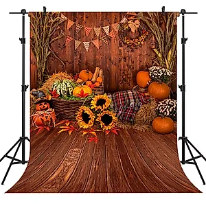 OUYIDA 5X7FT Fall Thanksgiving Wooden Floor Barn Autumn Pumpkins Maple Leaves Sunflower Baby Portrait Party Halloween Decoration Vinyl Photography Backdrop Photo Booth Background Studio Prop TP295