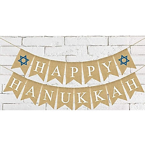 Happy Hanukkah Banner Chanukah Decorations - Judaica Burlap Party Garland Bunting - Ready to Hang Hanukkah Garland - Festive Decor Photo Prop Backdrop by Jolly Jon