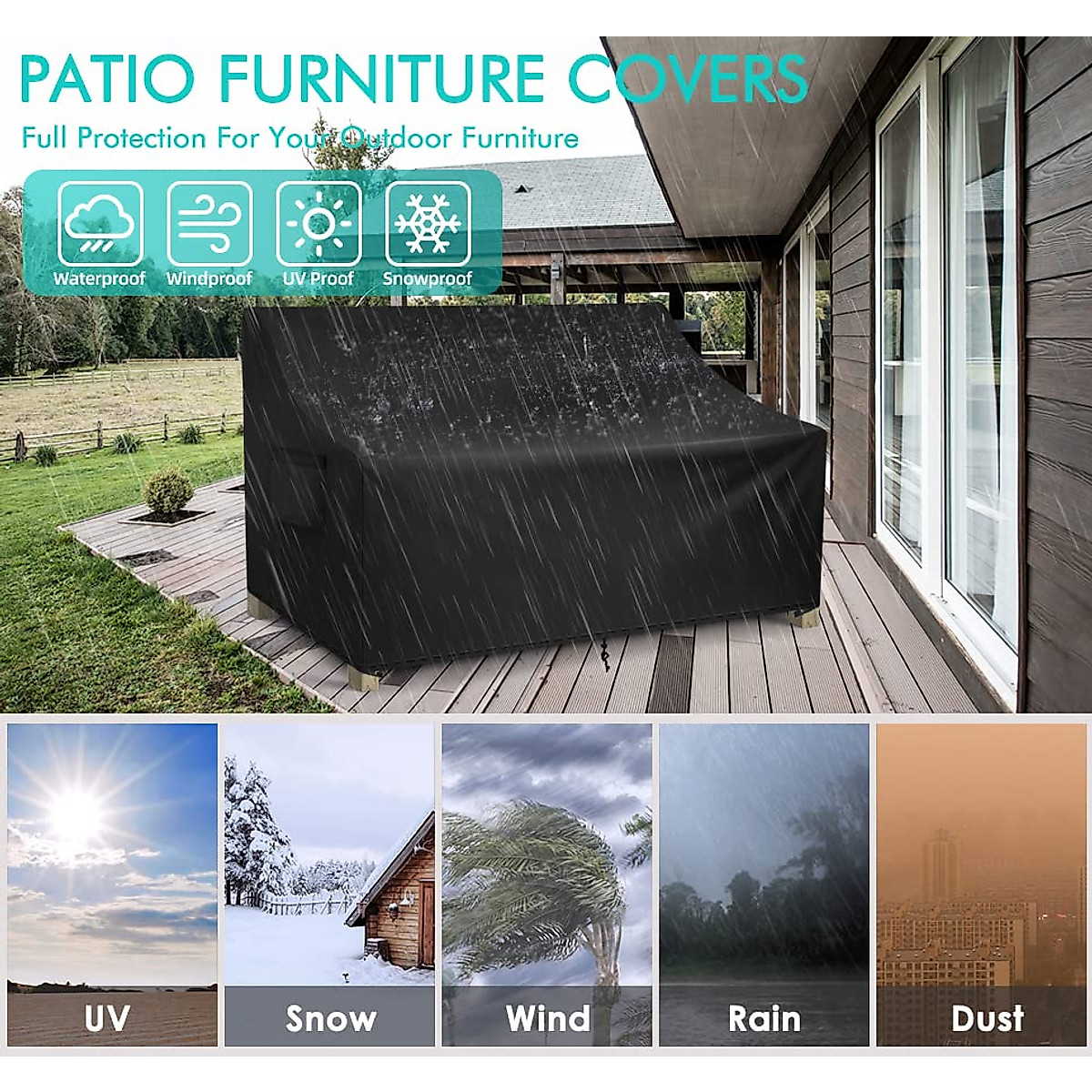 WLEAFJ Patio Sofa Cover Waterproof, 3-Seater Outdoor Sofa, Heavy Duty Deep Lounge Loveseat, Large Lawn Furniture with Air Vent, 82.6’’ W x 39’’ D x 28’’ H